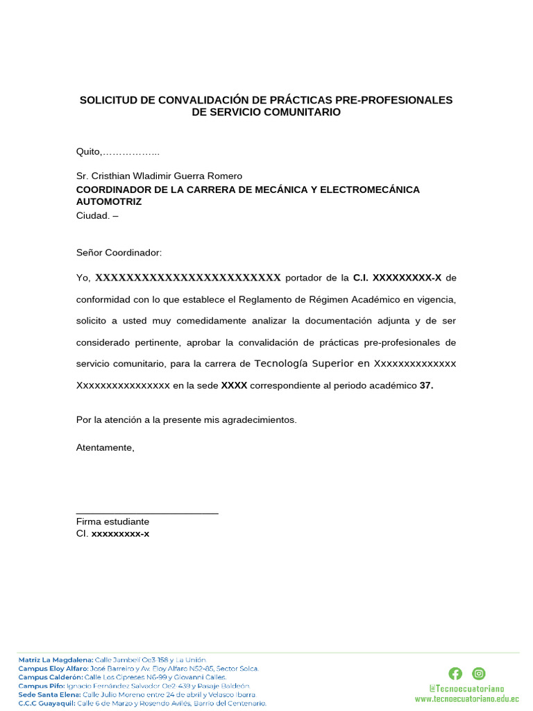 Formato Solicitud de Convalidación de Prácticas de Servicio Comunitario | PDF