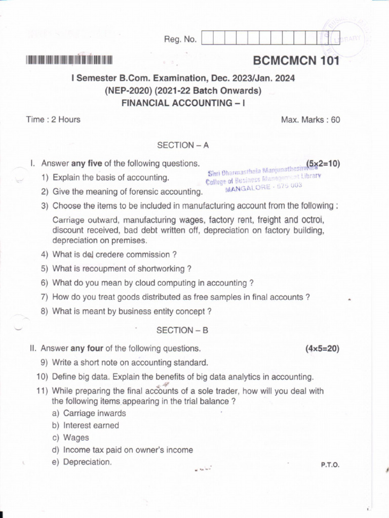 BCOM I Semester Financial Accounting-1 NEP Jan 2024 | PDF