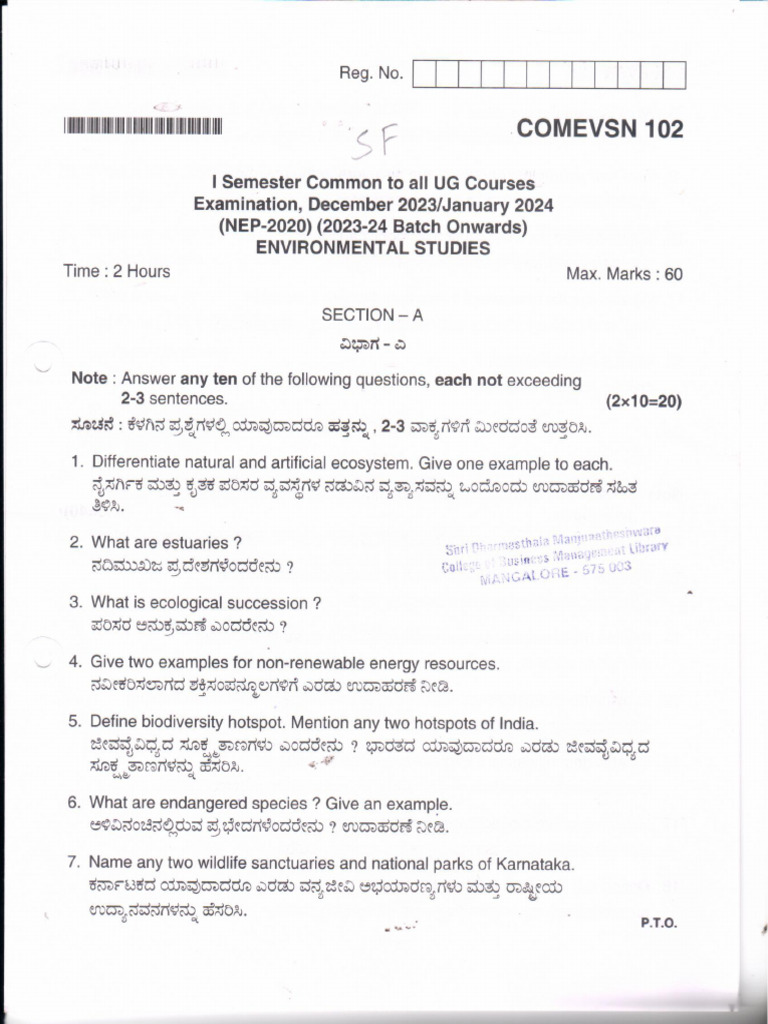 BCOM I Semester Environmental Studies NEP Jan 2024 | PDF
