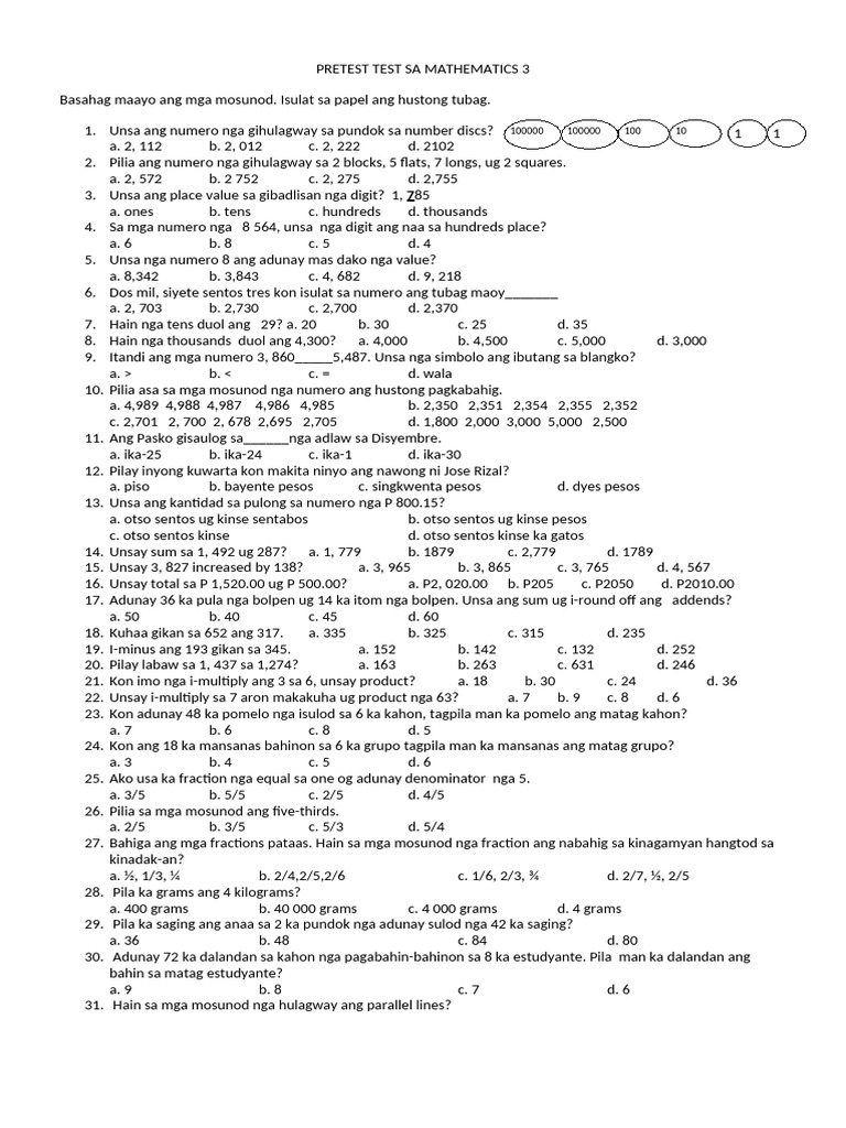 Pre-Test - Mathematics 3 | PDF
