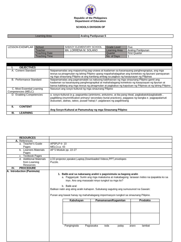 Ap5 Lesson Plan Q1 | PDF