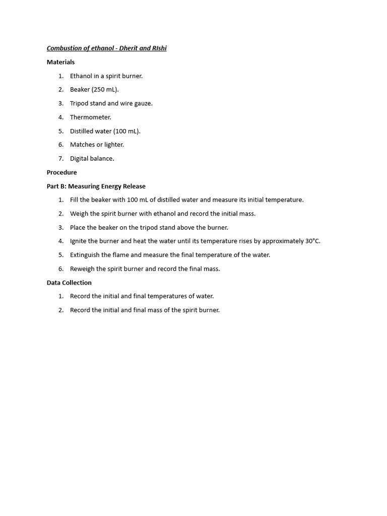Ethanol Combustion Experiment Guide | PDF