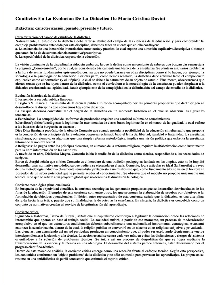 Conflictos en La Evolucion de La Didactica de Maria Cristina Davini | PDF | Enseñando | Plan de ...