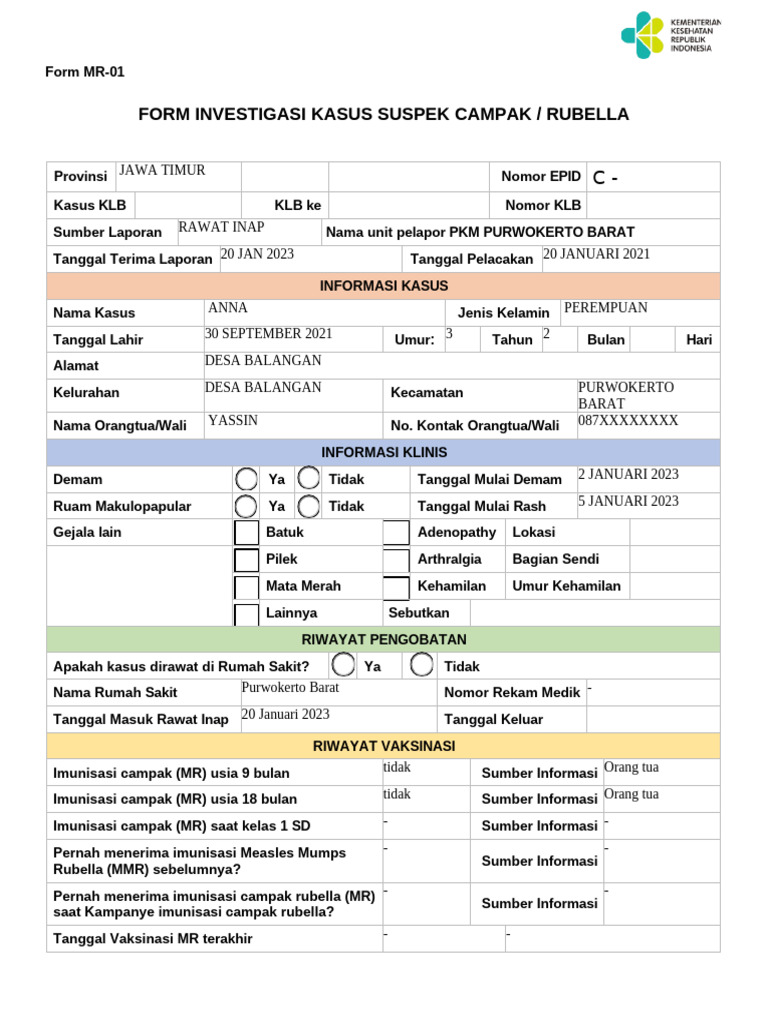 MR01 Form Investigasi Kasus Suspek Campak Rubella 2022 | PDF