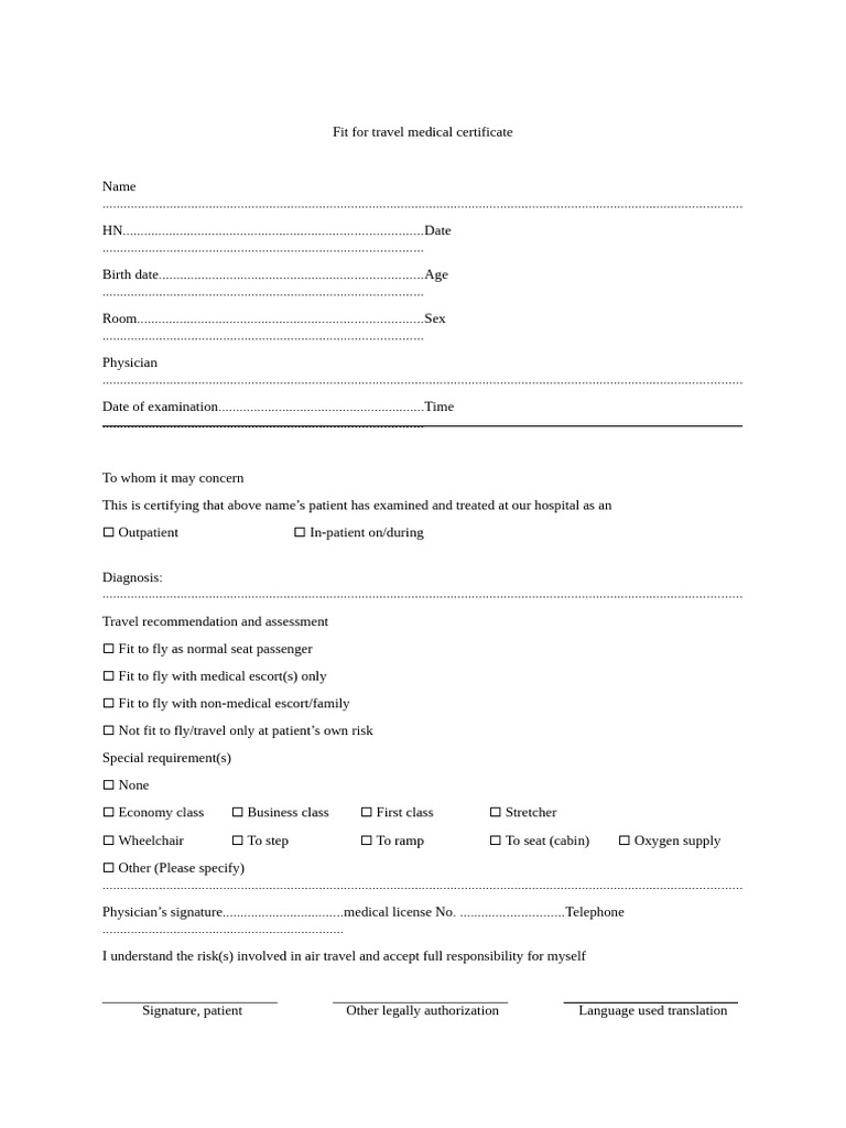 Fit For Travel Medical Certificate | PDF | Patient | Health Sciences