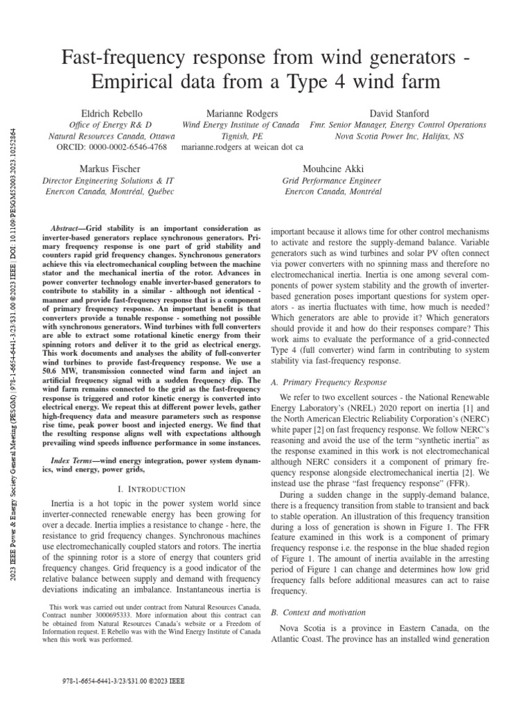 Fast-Frequency Response From Wind Generators Empirical Data From A Type ...