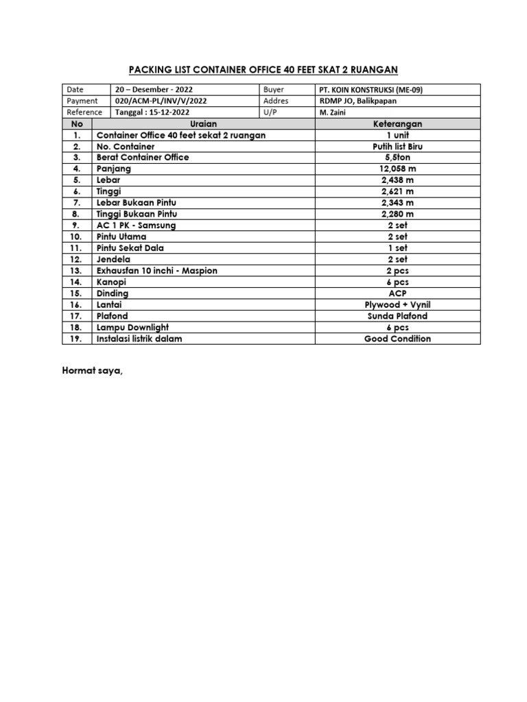 Packing List Container Office 40 FT | PDF