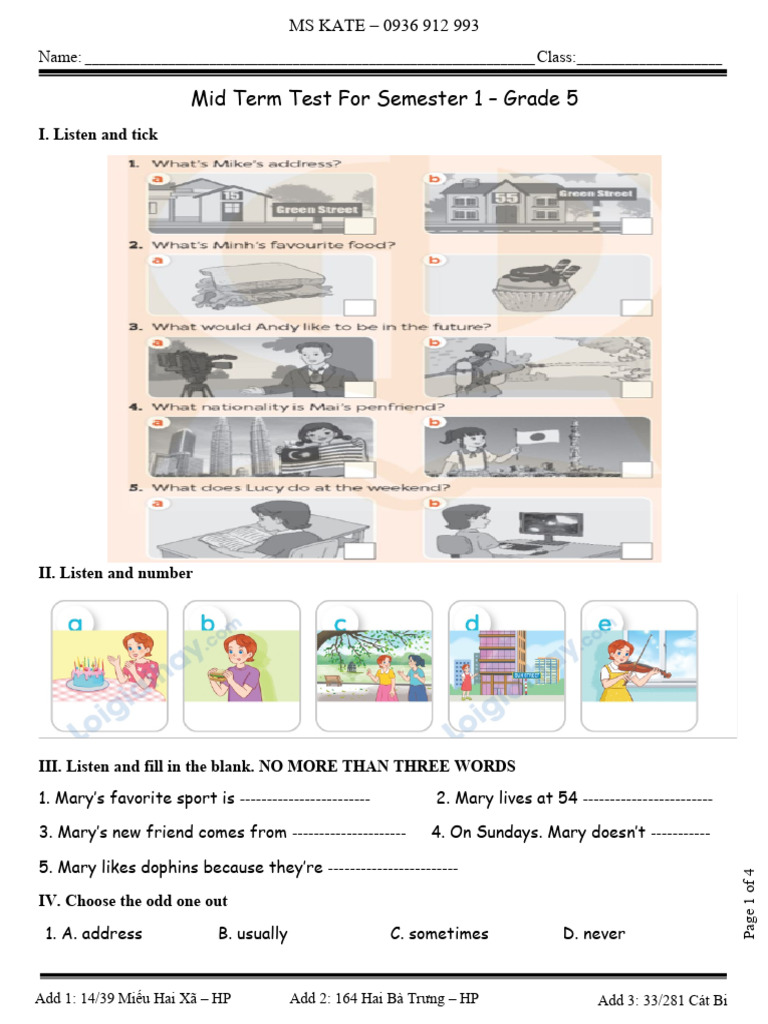 Grade 5 Mid Term Test - Semester 1 | PDF | Vietnam