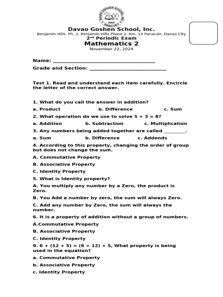 Grade 2- 2nd Periodic exam | PDF
