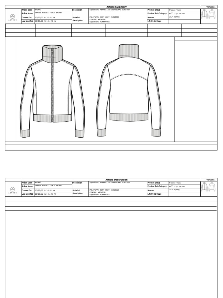 Techpack - TRAVELFLEECETRACKJACKET (WF2447 - V1) | PDF | Sweater | Seam (Sewing)