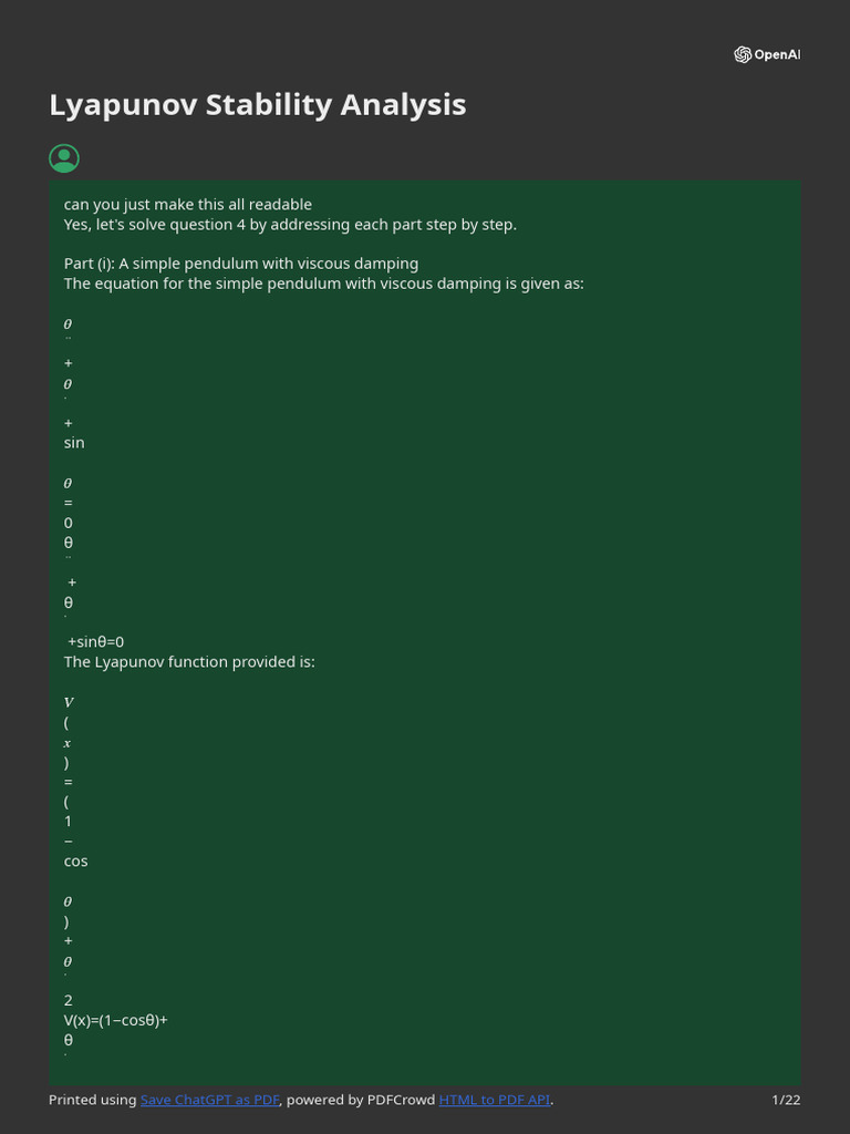 Lyapunov Stability Analysis | PDF | Stability Theory | Equations