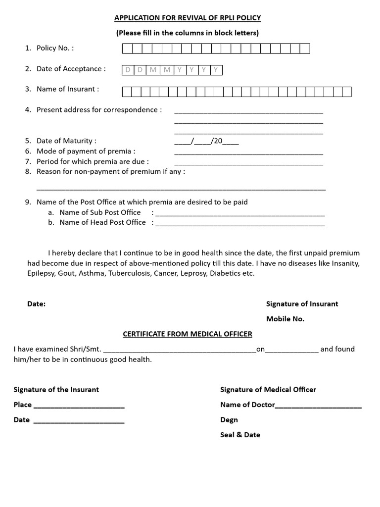 RPLI Policy Revival Application Form | PDF