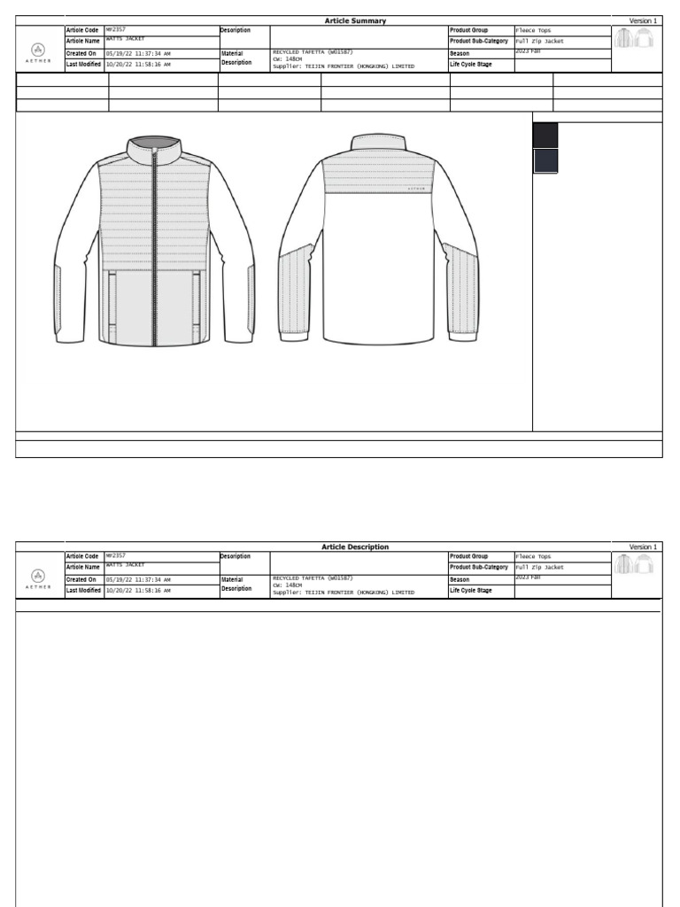 10.22 Techpack - WATTSJACKET (MF2357 - V1) | PDF | Seam (Sewing) | Clothing