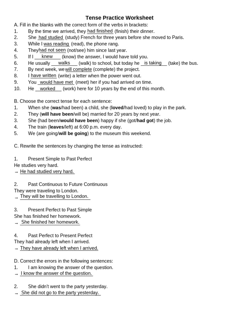 Tense Practice Worksheet | PDF | Perfect (Grammar) | Linguistic Typology