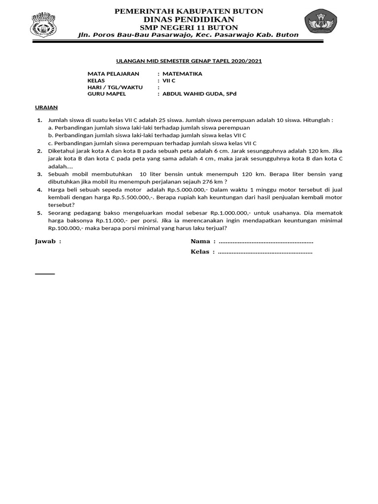 Mid Sem2 KLS Vii C 20202021 | PDF