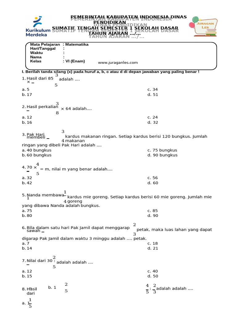 Soal PTS - STS Matematika Kelas 6 Semester 1 Kurikulum Merdeka | PDF