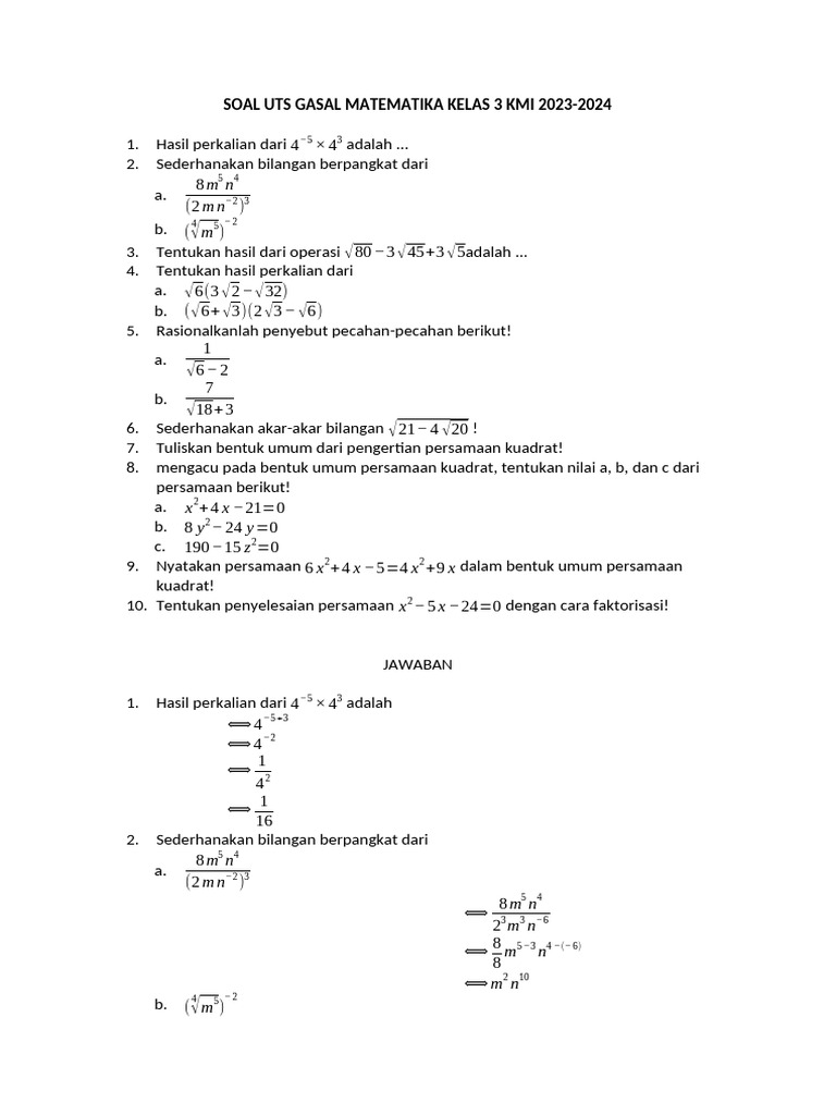 PTS Math Gasal Kelas 3 2023-2024 | PDF