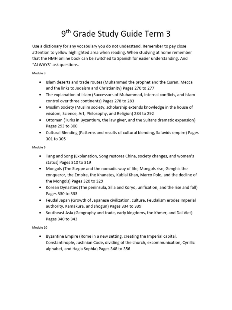 3 - 9th Grade Study Guide Term 3 | PDF