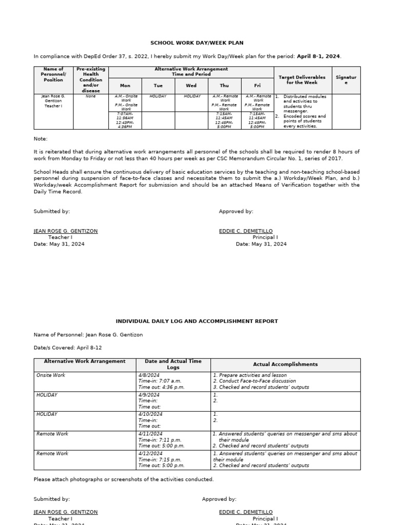 Work Week Plan and Accomplishment Report Templates | PDF | Working Time