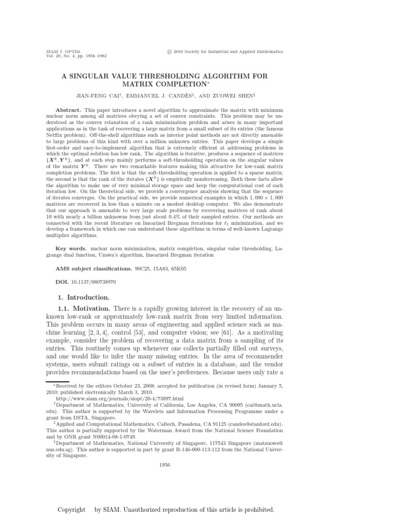 A Singular Value Thresholding Algorithm For Matrix Completion Pdf Matrix Mathematics 