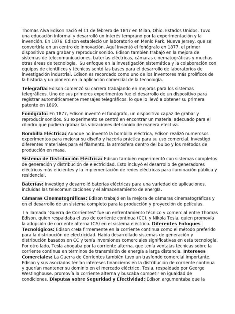 Thomas Alva Edison Nació El 11 de Febrero de 1847 en Milan | PDF ...
