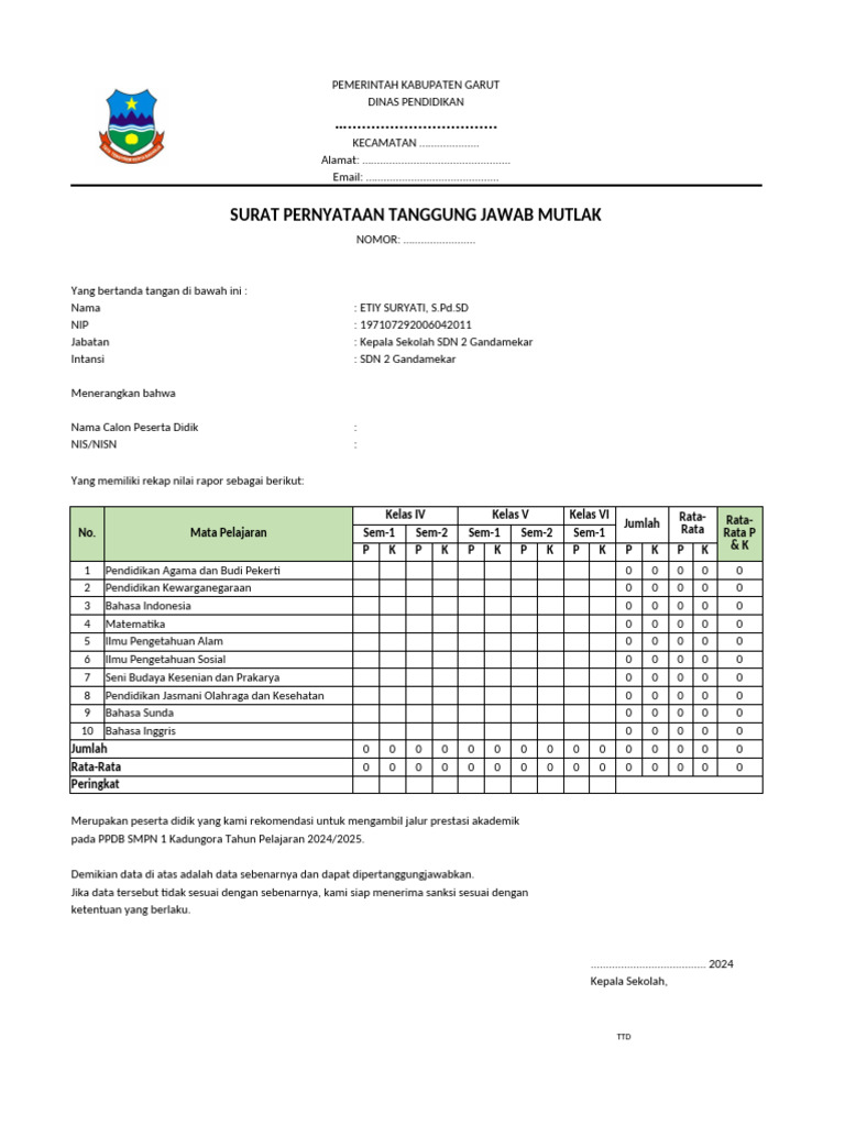 Format SPTJM Kepsek Sd-Mi (Khusus Jalur Prestasi Akademik Nilai Rapor ...