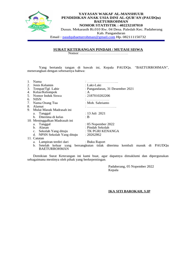 Format Surat Mutasi Siswa | PDF