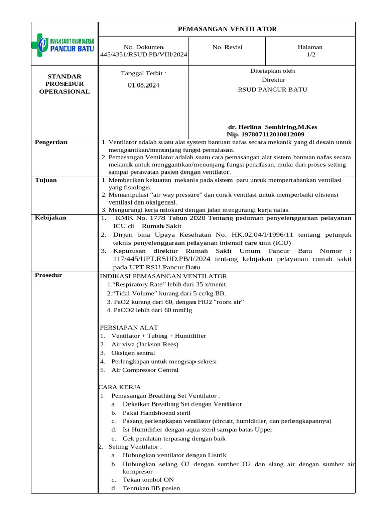 Spo Pemasangan Ventilator | PDF