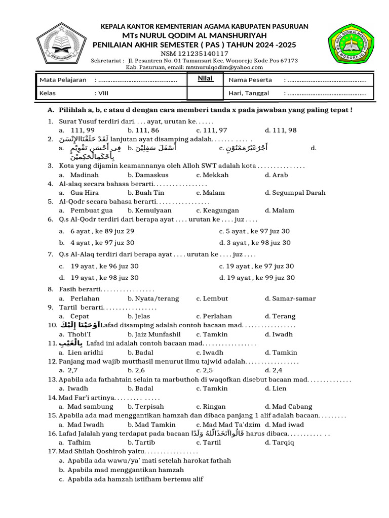 PAS Semseter Ganjil BTQ 2024 Kls 8 | PDF