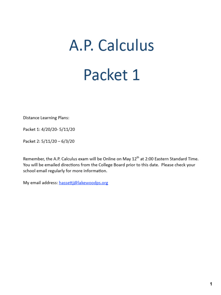 Calculus MCQ Packet 1 | PDF | Calculus | Advanced Placement
