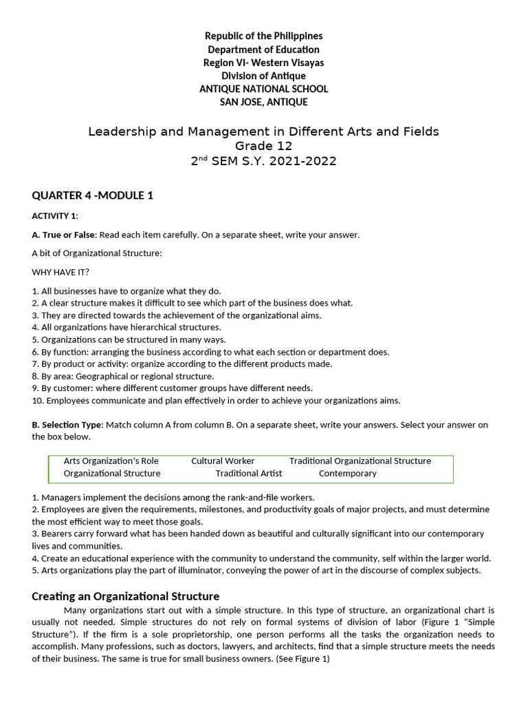 Module in Arts and Design 2 | PDF | Organizational Structure | Marketing