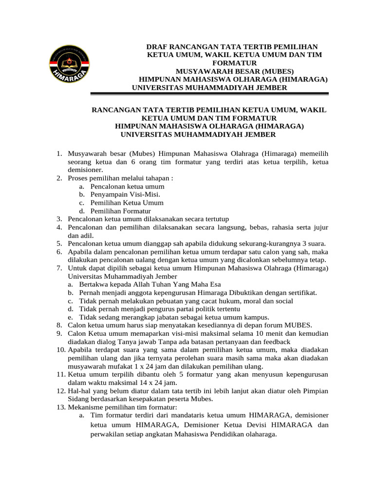 Draf Rancangan Tata Tertib Pemilihan Ketua Umum Himaraga | PDF