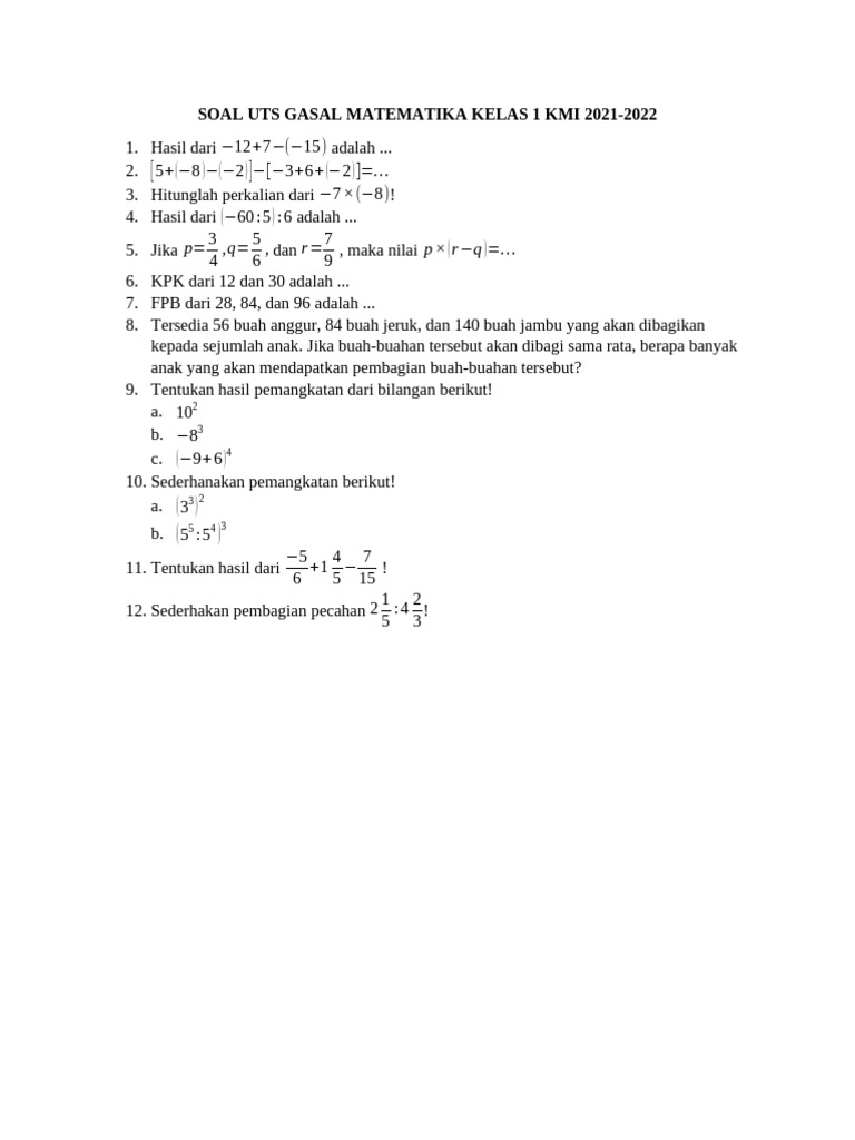 Soal UTS Matematika Kelas 1 KMI | PDF