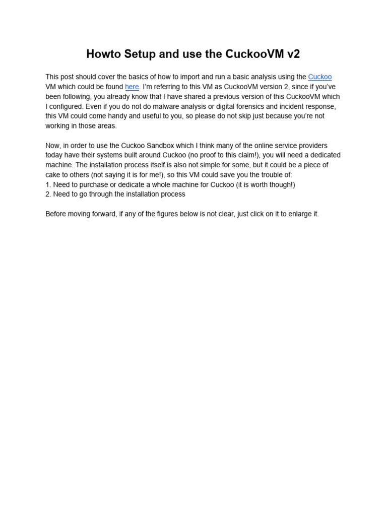 CuckooVM v2 Setup & Usage Guide | PDF | Virtual Machine | Virtualization