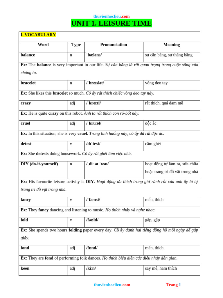 thuvienhoclieu.com-Bai-tap-chuyen-sau-anh-8-Global-Unit-1-LEISURE-TIME | PDF