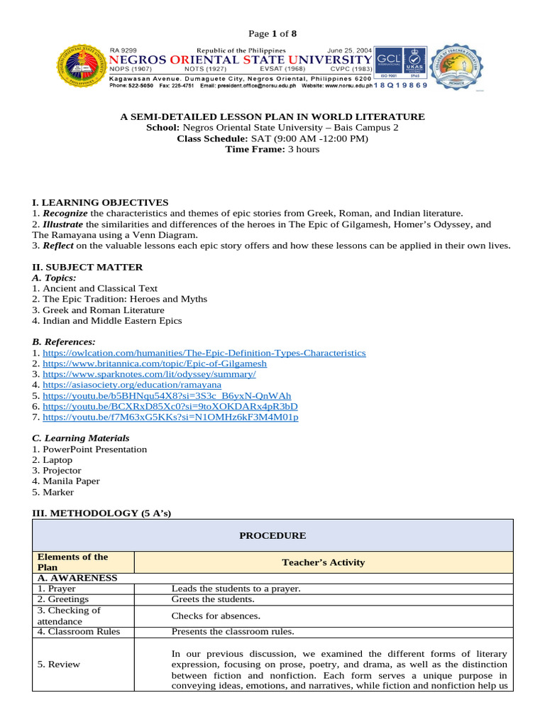 Lesson Plan - Sir Franco Sample | PDF | Odyssey | Epic Poetry