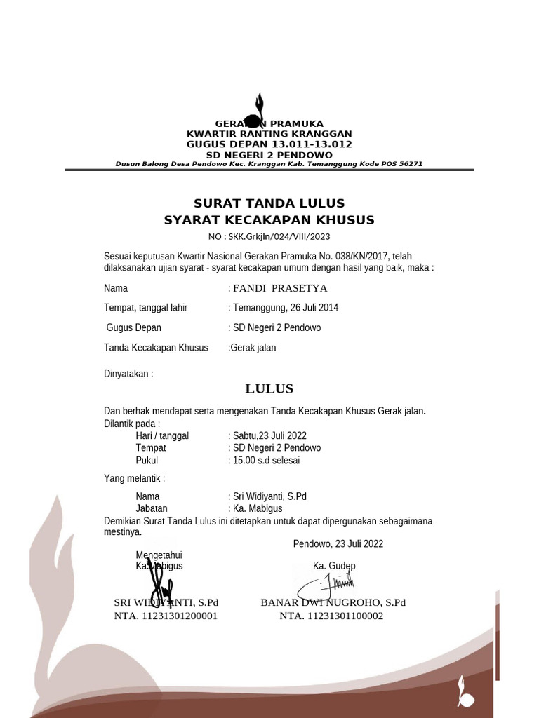 Surat Tanda Lulus Pramuka SD Pendowo | PDF