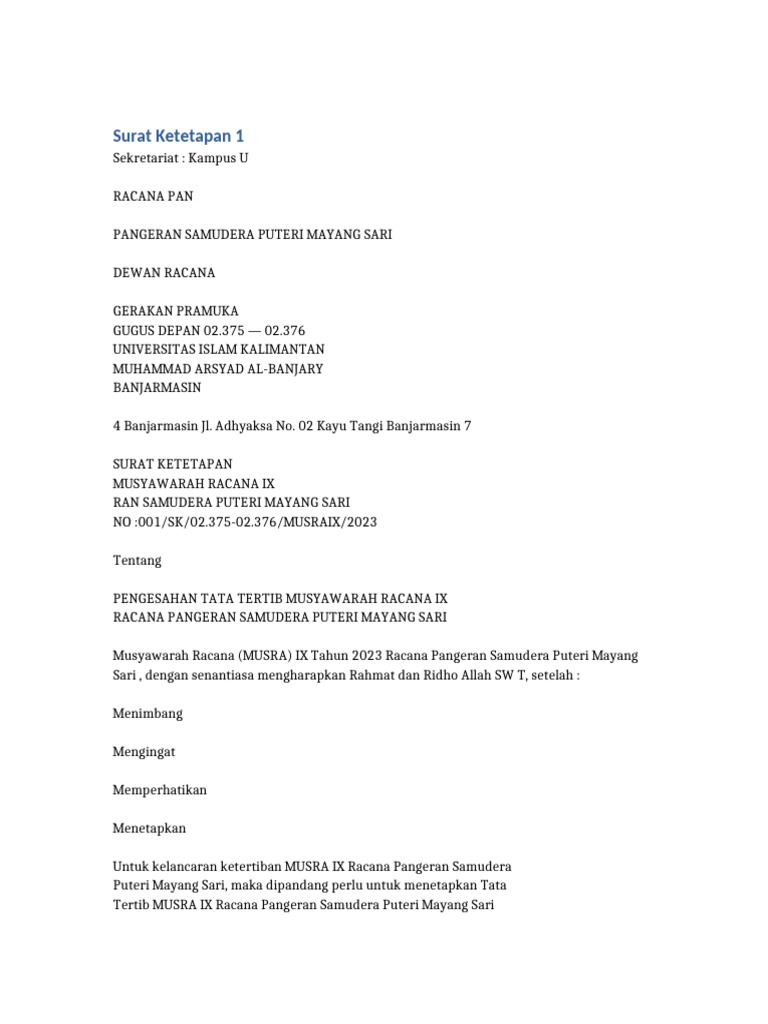 Surat Ketetapan Musyawarah Racana | PDF