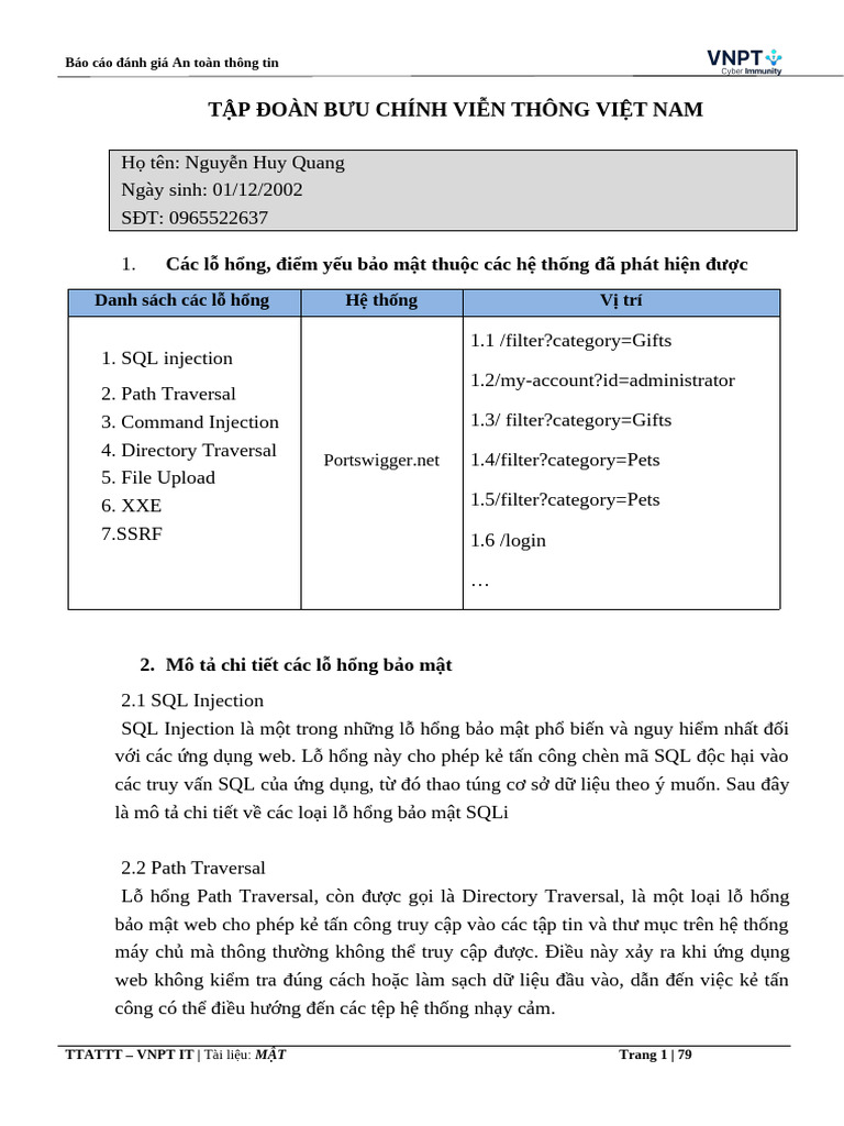 Report1_NguyenHuyQuang_SQL_Injection,_Directory_Traversal,_Command | PDF Report1_NguyenHuyQuang_SQL_Injection,_Directory_Traversal,_Command | PDF