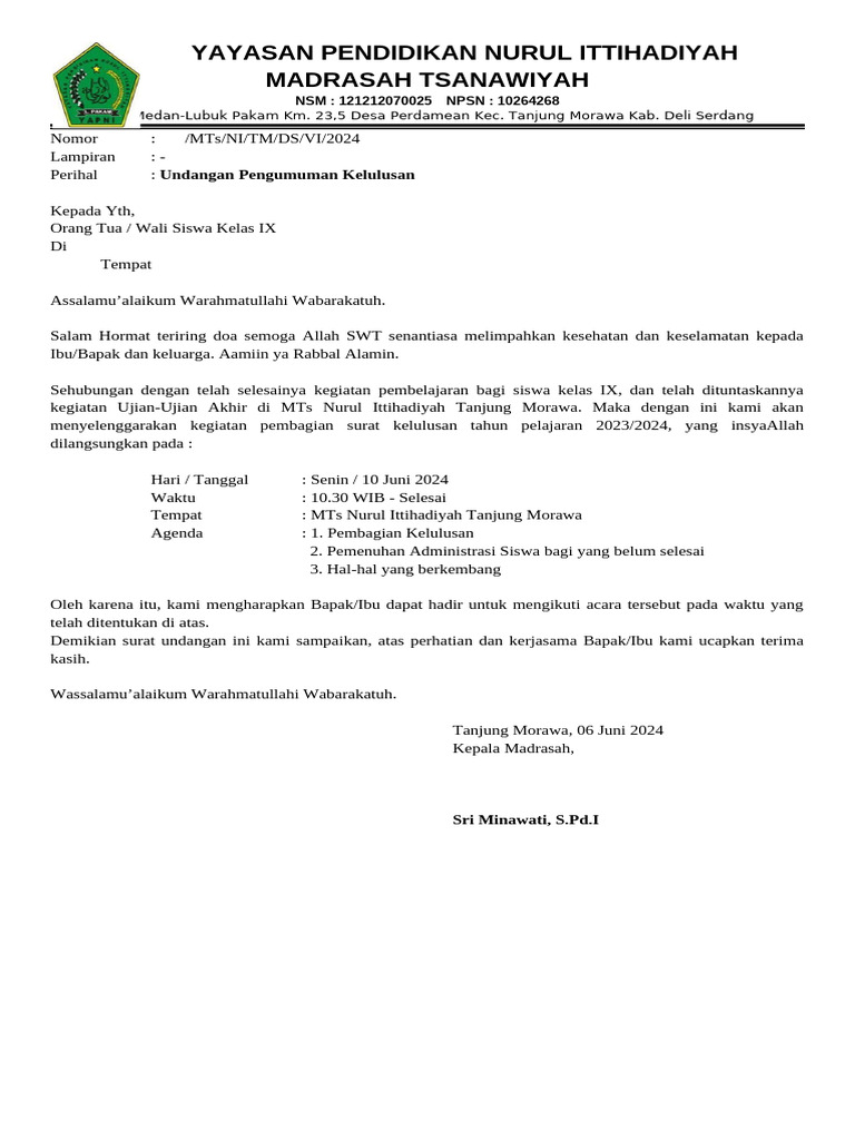 Surat Undangan Pengumuman Kelulusan | PDF