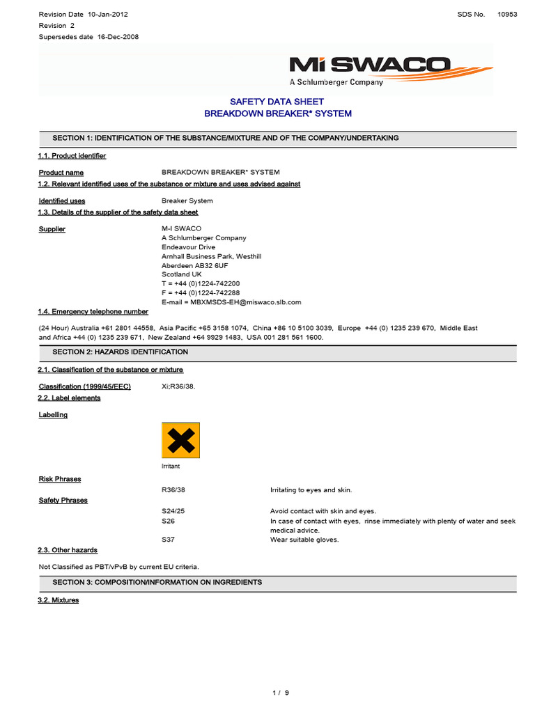 BREAKDOWN BREAKER - SYSTEM Sds | PDF | Dangerous Goods | Toxicity