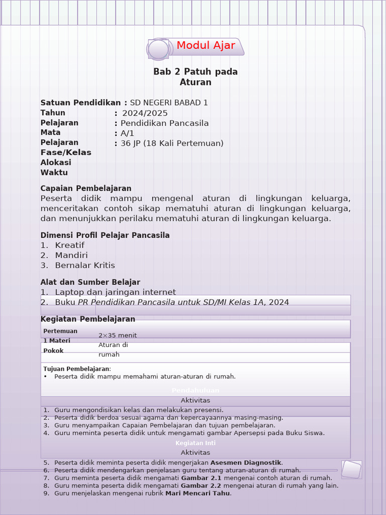 Modul Ajar Pend. Pancasila Kls 1 | PDF