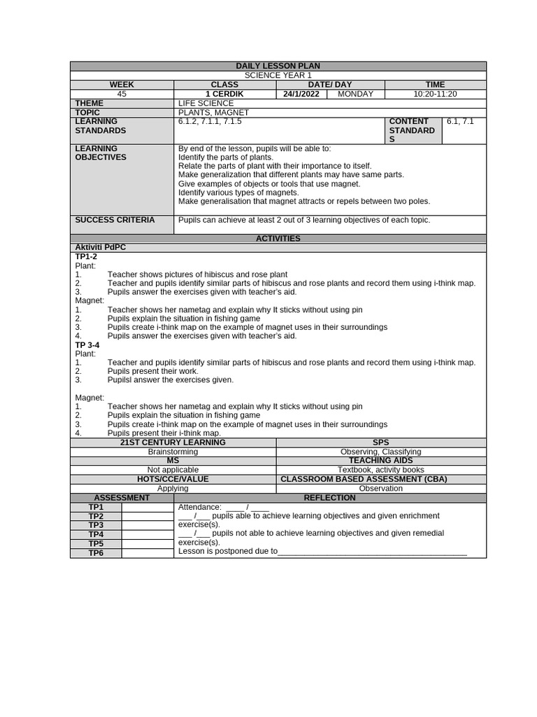 RPH SCIENCE Y1 CUP WEEK 45 | PDF | Teachers | Lesson Plan