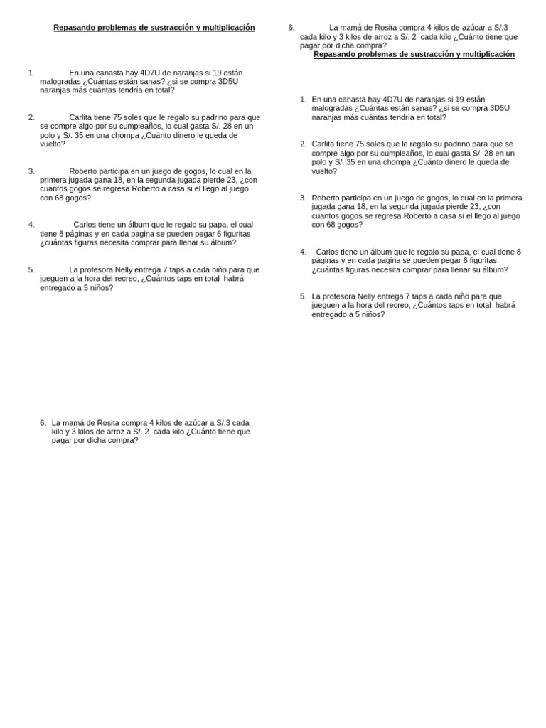 Repasando Problemas de Sustracción y Multiplicación | PDF