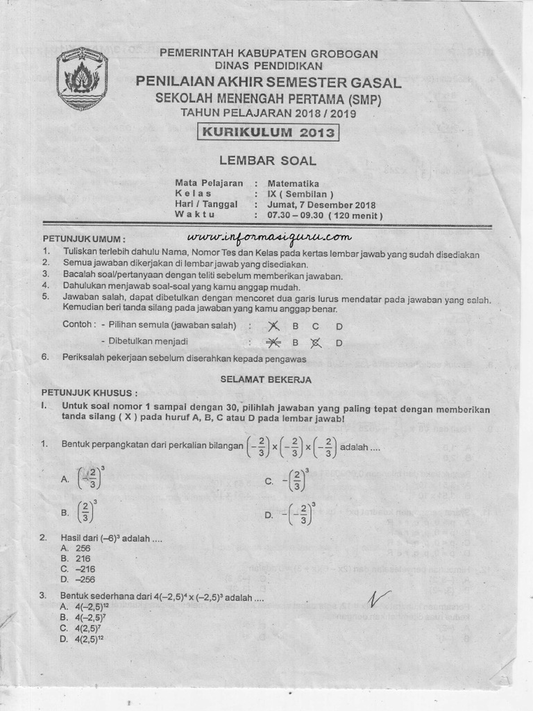 Soal Pas1 MTK Kelas 9 k13 20182019 | PDF