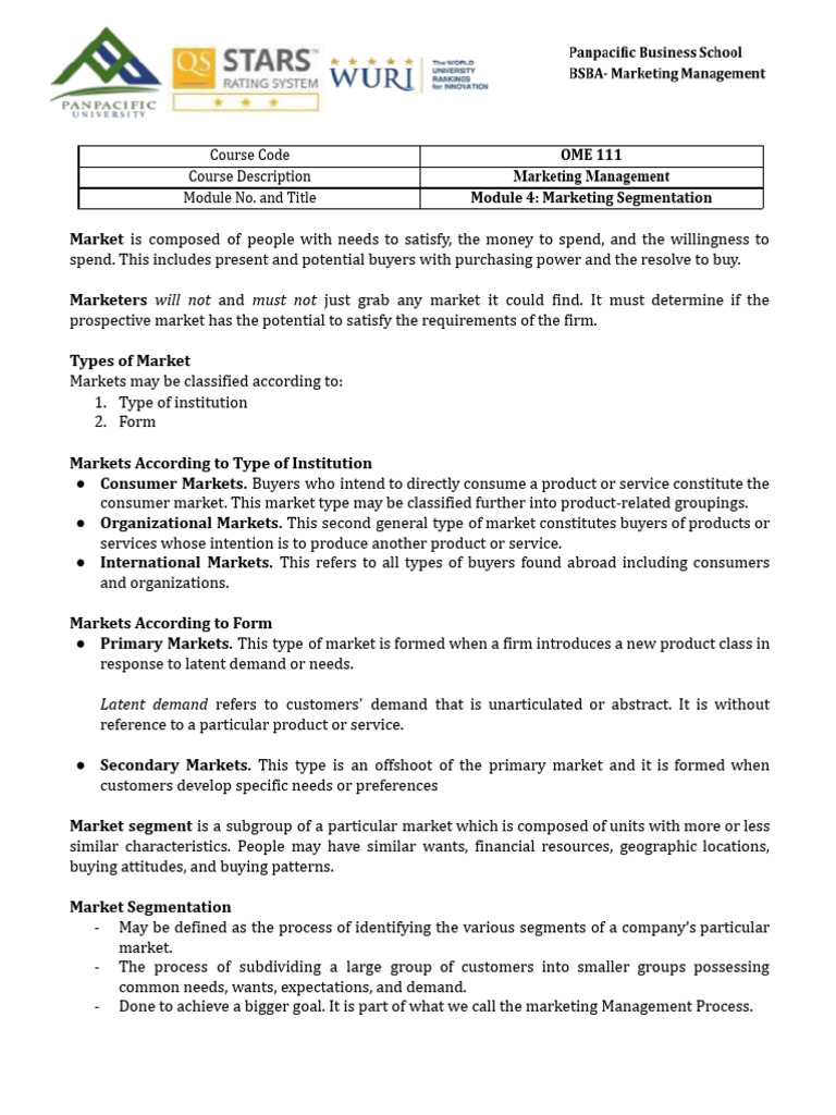 Marketing Management Module 4 | PDF | Marketing | Market Segmentation
