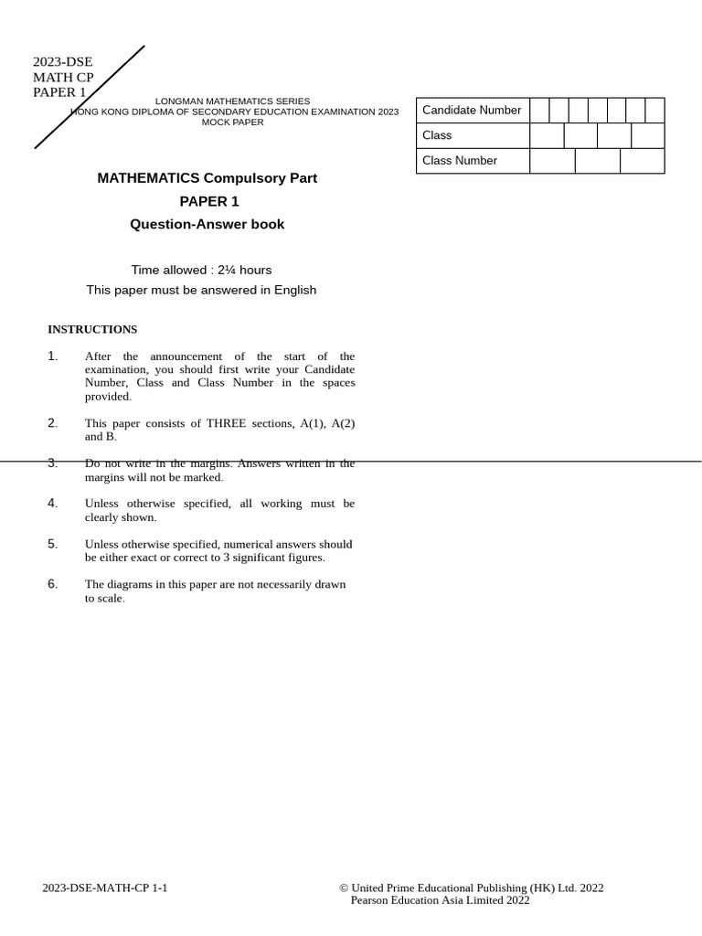 Free Mock 2023 Compulsory Part Paper 1 Question - E | PDF | Mathematics