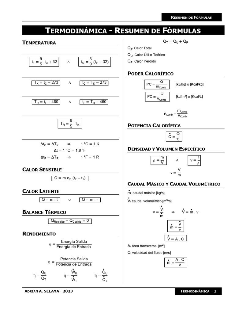 000 - Resumen de Formulas de Termodinamica 2023 | PDF | Entalpía | Temperatura
