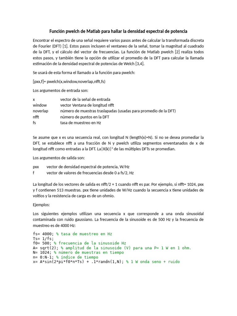 Función Pwelch de Matlab para Hallar La Densidad Espectral de Potencia | PDF | Transformada ...