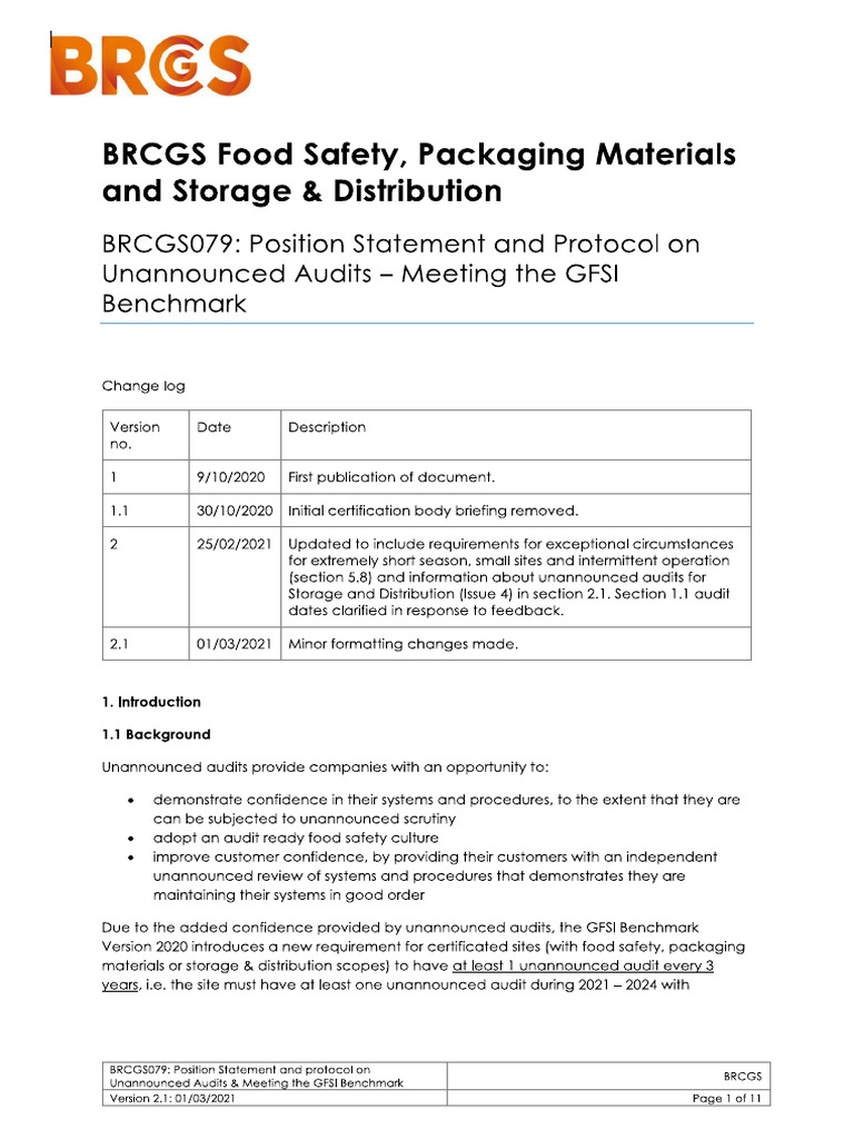 BRCGS079 Position Statement and Protoco... The GFSI Benchmark v2.1 01.03.2021 | PDF